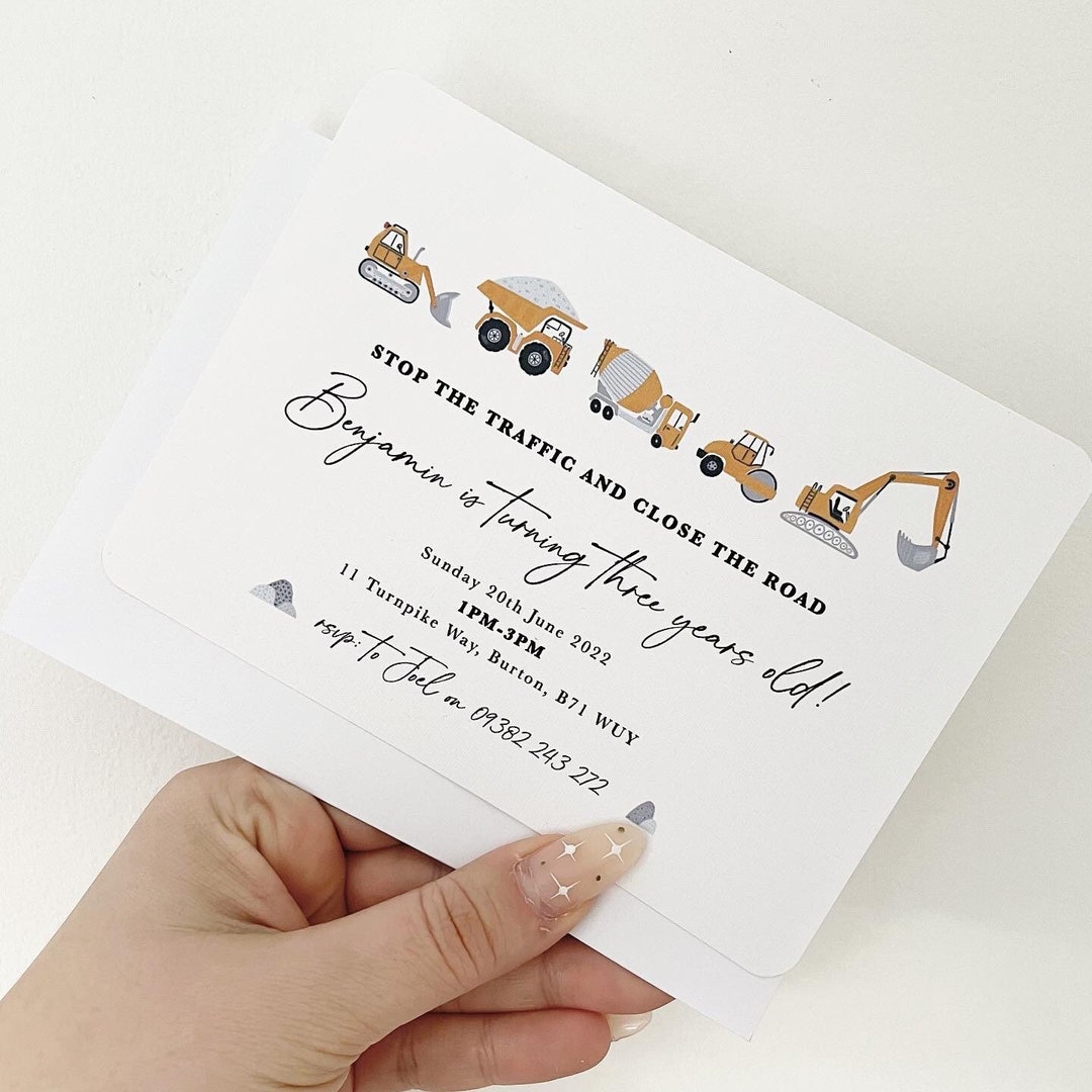 Construction Vehicle Birthday Invitation: Personalised A6 Party Invite ...