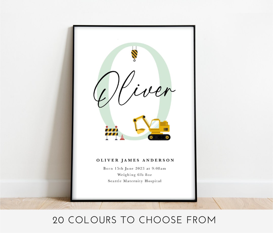 Personalised Digger Birth Print | Name Print | Digger Nursery Art ...