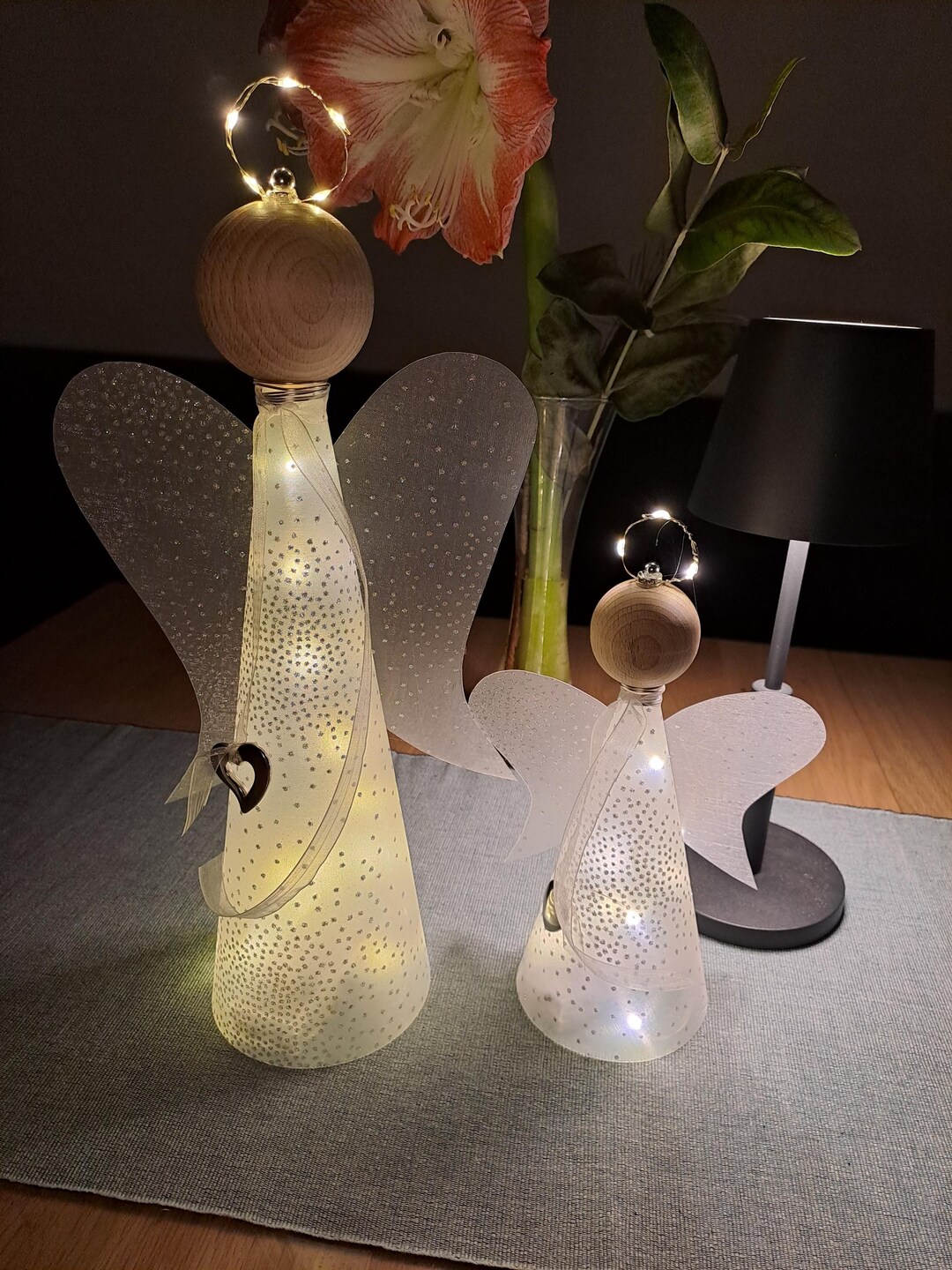 Set of 2 Illuminated Angels Dotted, Large 39 Cm and Small 24 Cm With ...