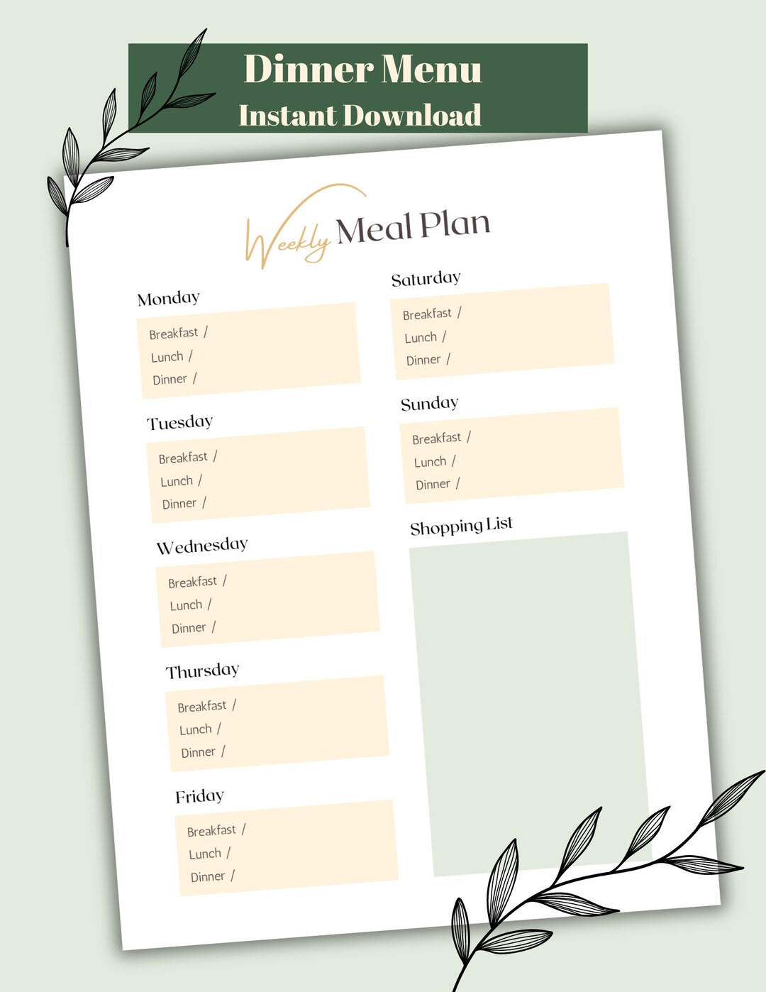 Printable Weekly Dinner Menu Planner, What's for Dinner Minimalist Menu ...