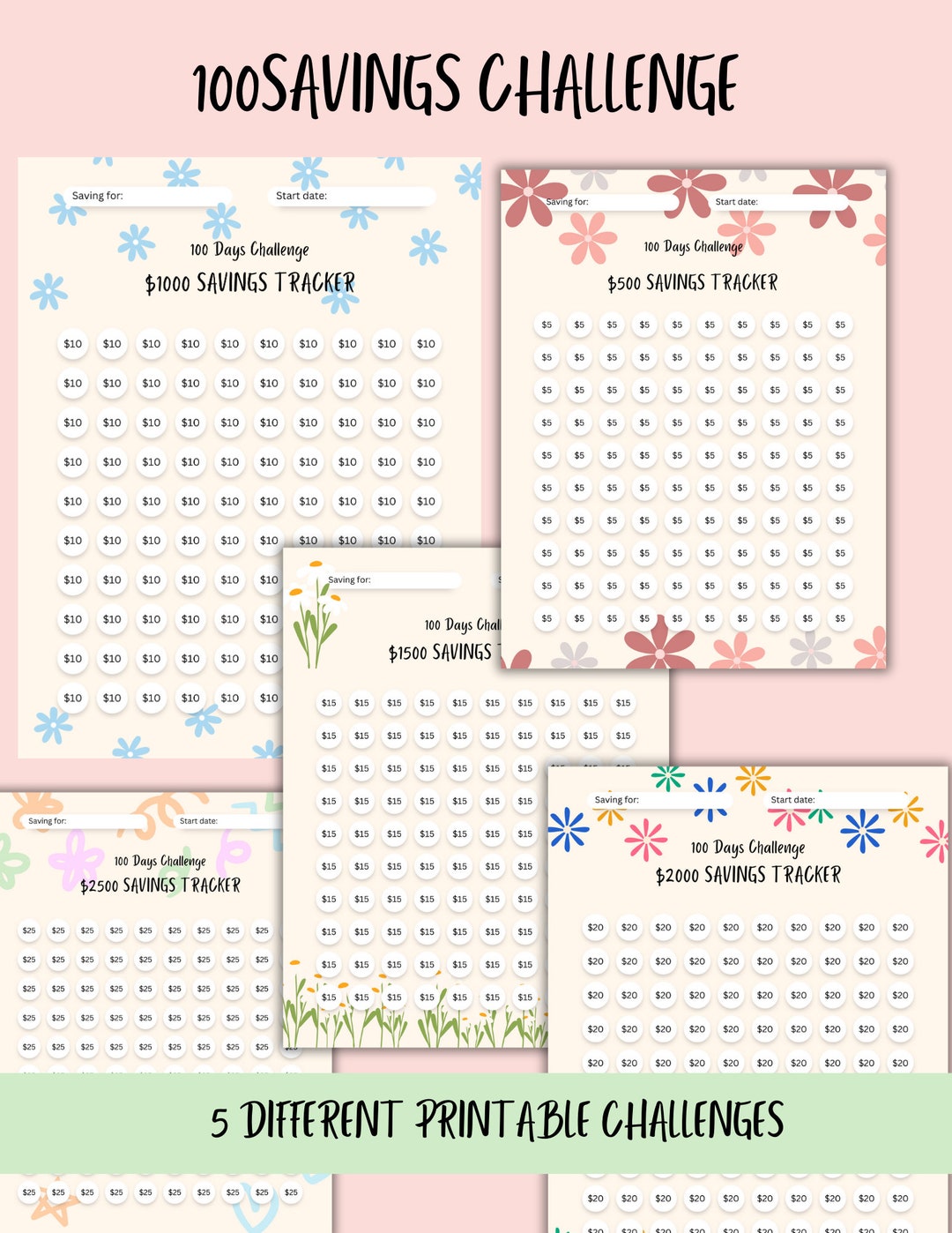 100 Day Challenge/ 5 Different Challenges Printable Tracker/ Digital ...