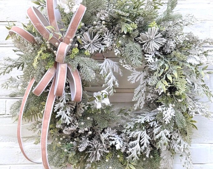 Winter Wonderland Wreath, Designer Christmas Wreath, Snow Flocked Cedar ...