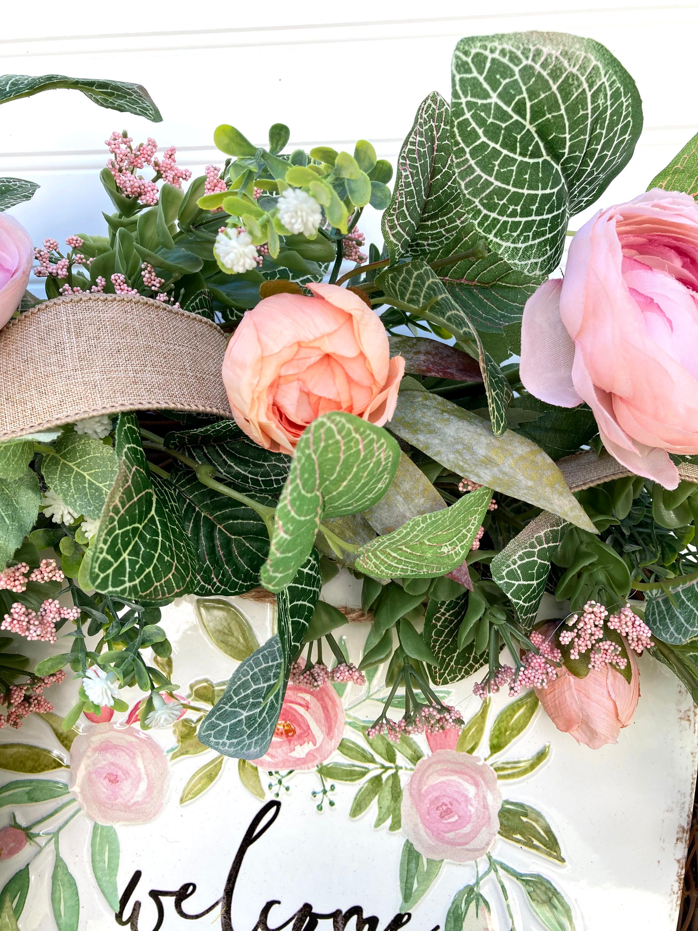 Farmhouse Pink Rose Welcome Wreath for Front Door Year Round - Etsy Italia