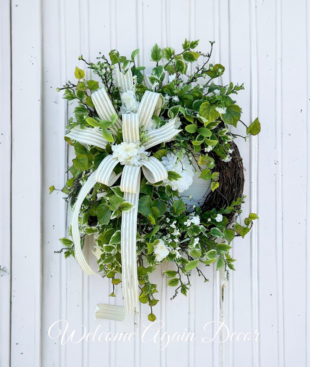 Everyday Wreath for Front Door, Summer White Floral Decor, Year Round ...
