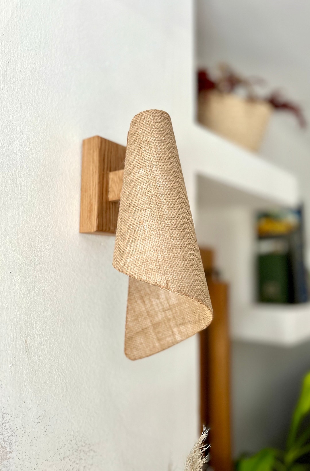 Natural Wood and Raffia Wall Lamp. Oak Wall Lamp. Wooden Wall Lamp ...