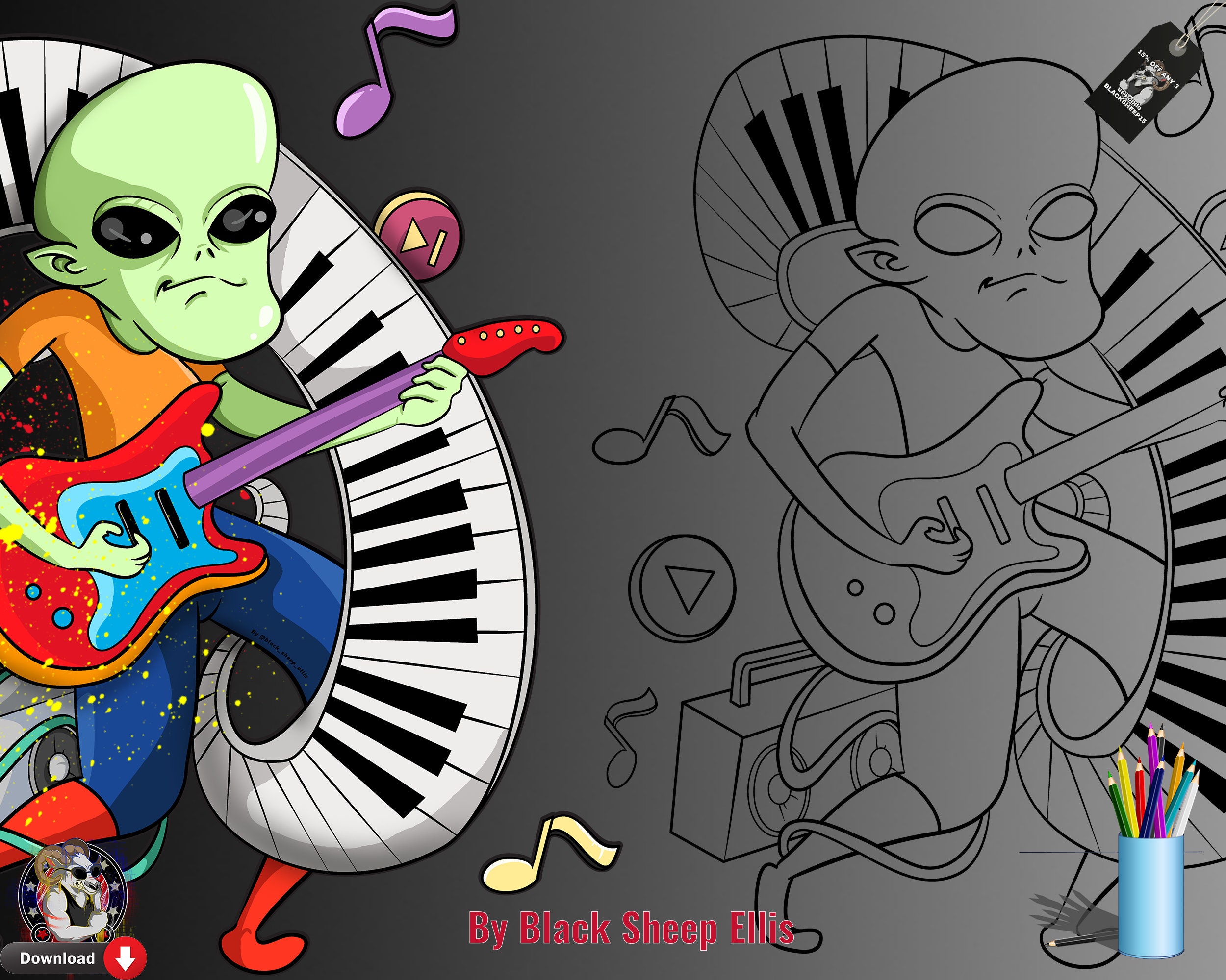 Music Png Alien Zombie Printable Colouring Page Digital Download ...