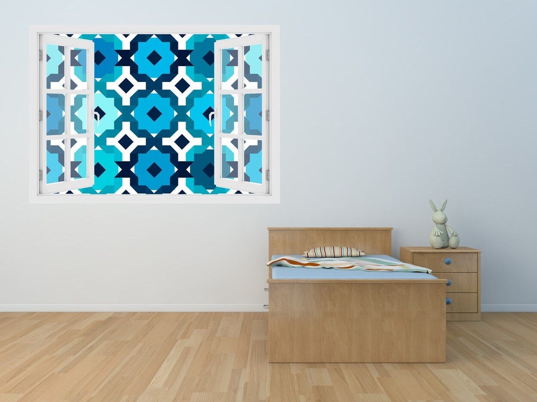 3D Window Blue Seamless Geometric Pattern, Wall Decal Vinyl, 3D Wall ...