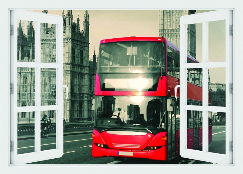 3D Window Red Bus in London, Wall Decal Vinyl, 3D Wall Art, Vinyl Peel ...