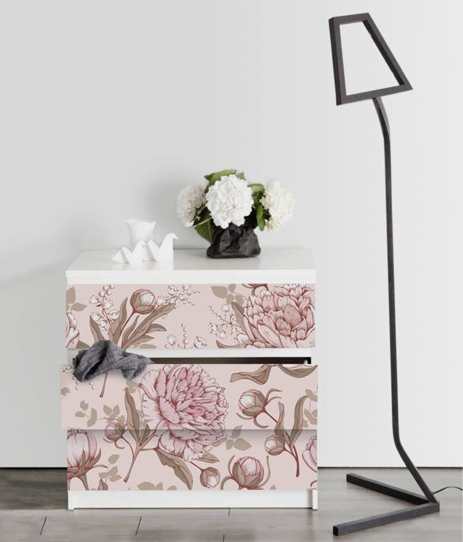 IKEA MALM Dresser Pink Peonies , Removable Ikea Decals, Furniture ...