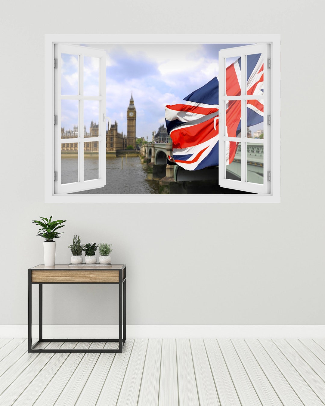 3D Window Big Ben in London and Great Britain Flag, Wall Decal Vinyl ...