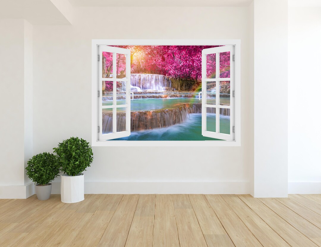 3D Window Waterfall Rain Forest Kuang Si, Wall Decal Vinyl, 3D Wall Art ...
