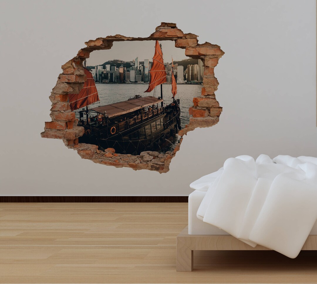 Junk Boat in Hong Kong 3D Hole in the Wall Wall Sticker, Decal 3D Wall ...