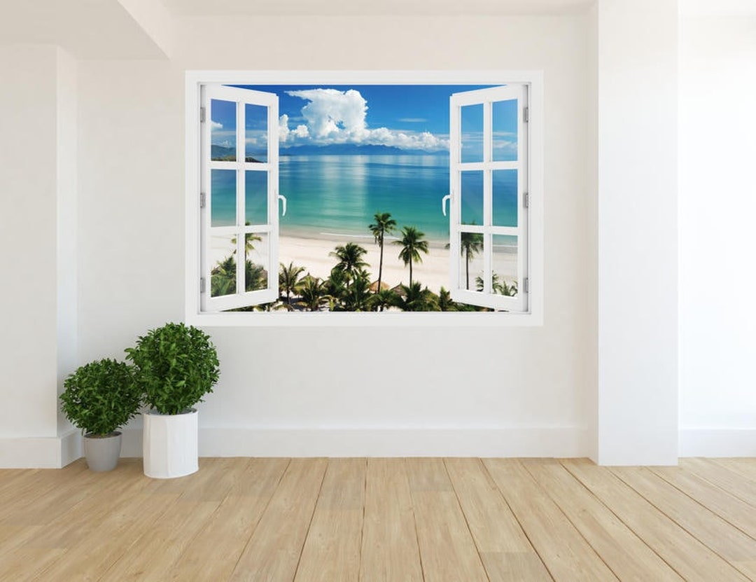 3D Window Tropical Beach, Wall Decal Vinyl, 3D Wall Art, Vinyl Peel and ...