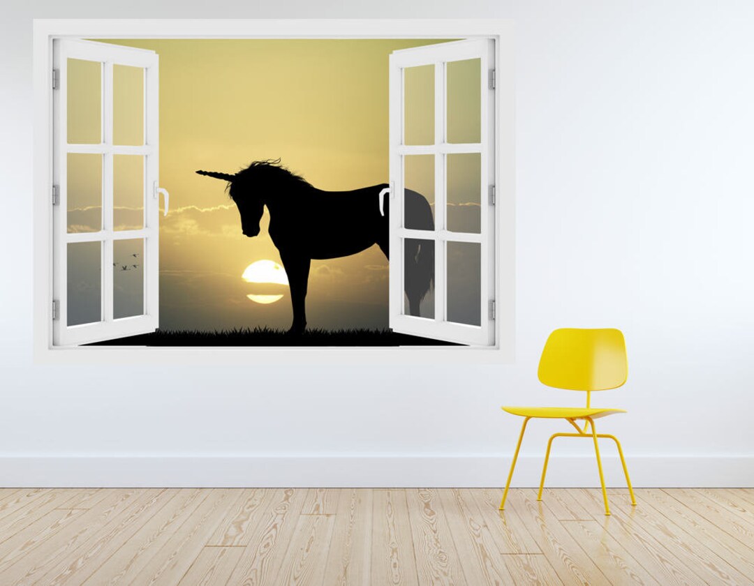 3D Window Unicorn on Sunset, Wall Decal Vinyl, 3D Wall Art, Vinyl Peel ...