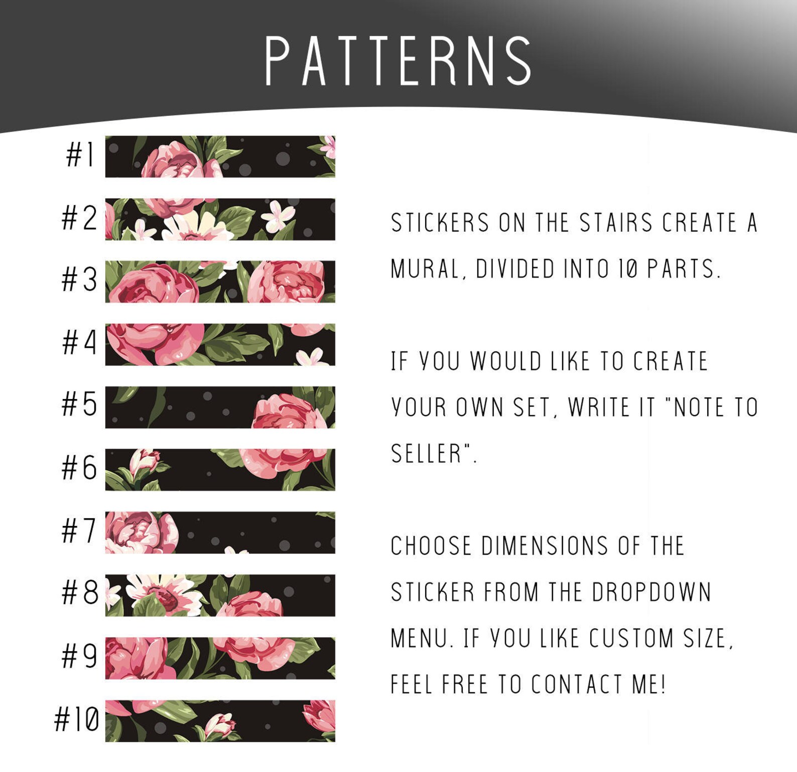 10 Strips of Stair Riser - Roses and Flowers, Removable Sticker Peel ...