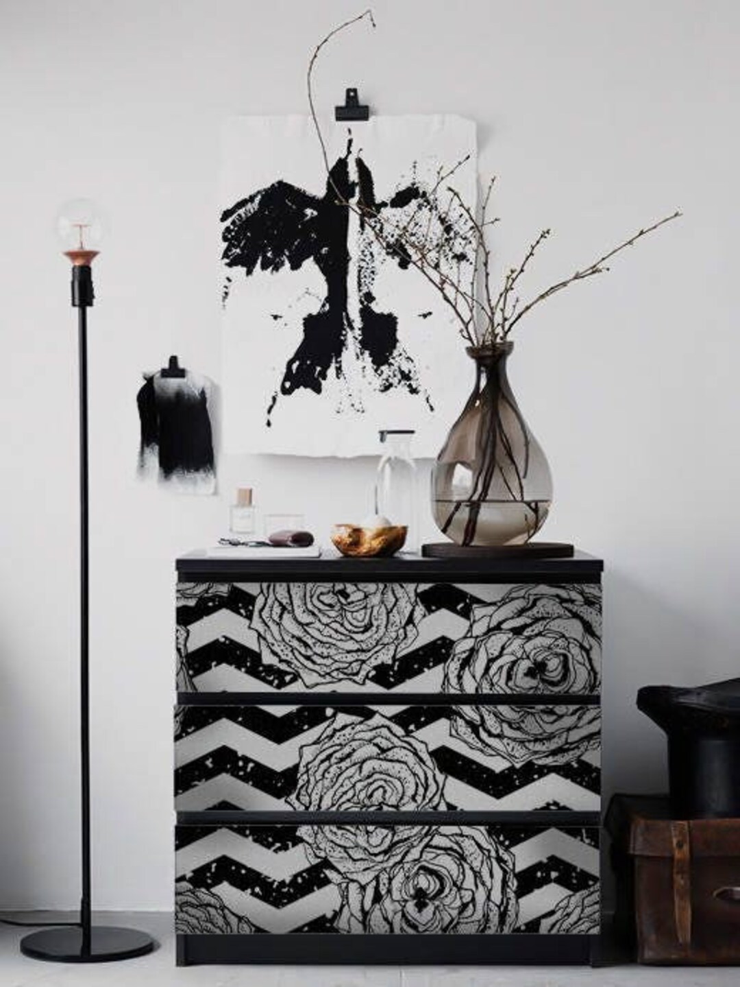 IKEA MALM Dresser Black and White Rose Zigzag , Removable Ikea Decals ...