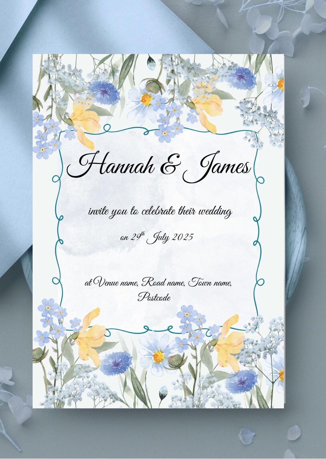 Editable Summer Wedding Invitation Template - Blue and Yellow Floral ...