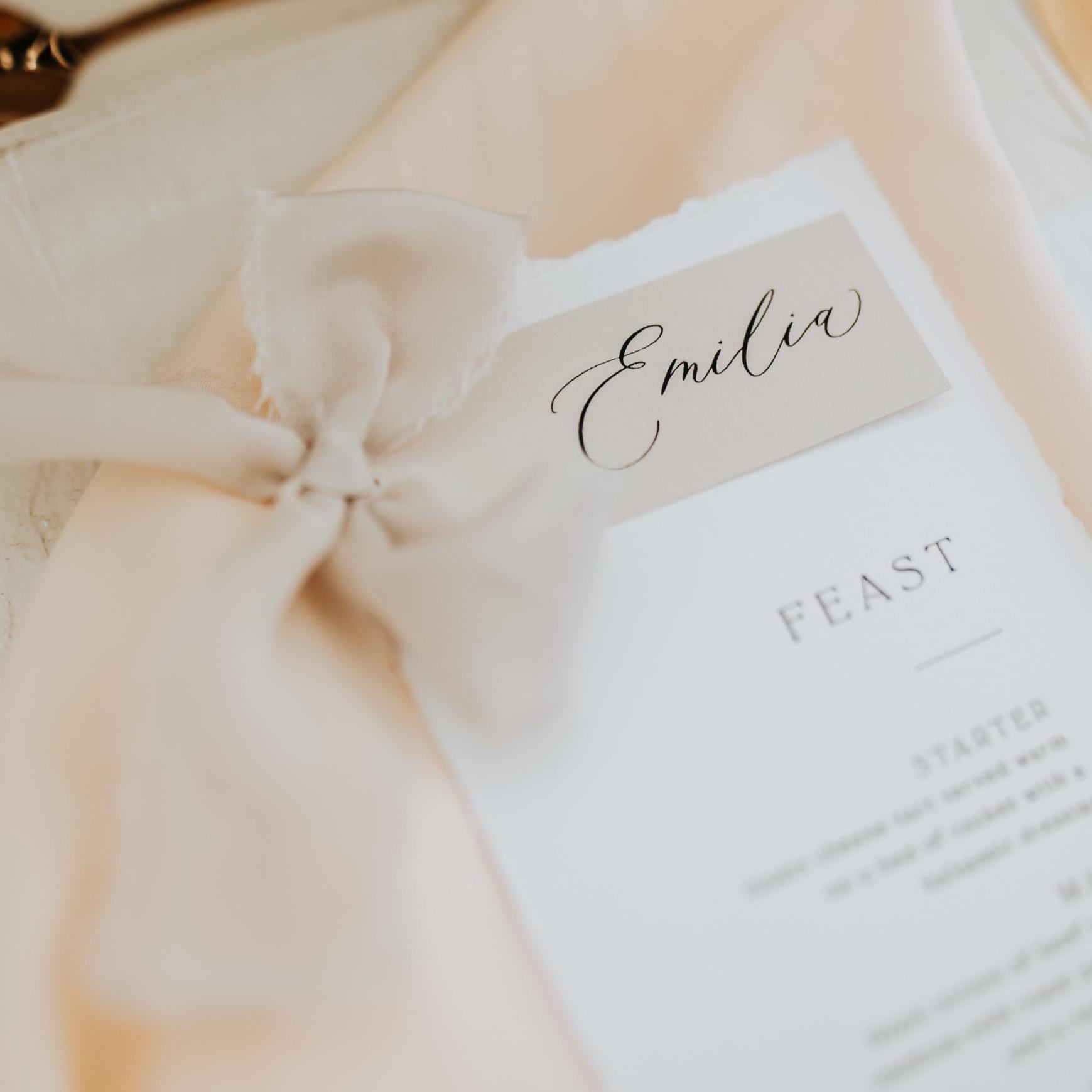 Hand-torn Edge Wedding Menus & Place Cards With Beige Silk Ribbon ...