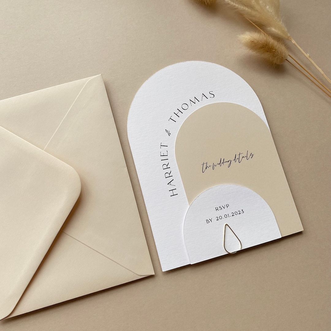 Neutral Beige Arch Wedding Invitation: Minimalist Gold Clip Design - Etsy