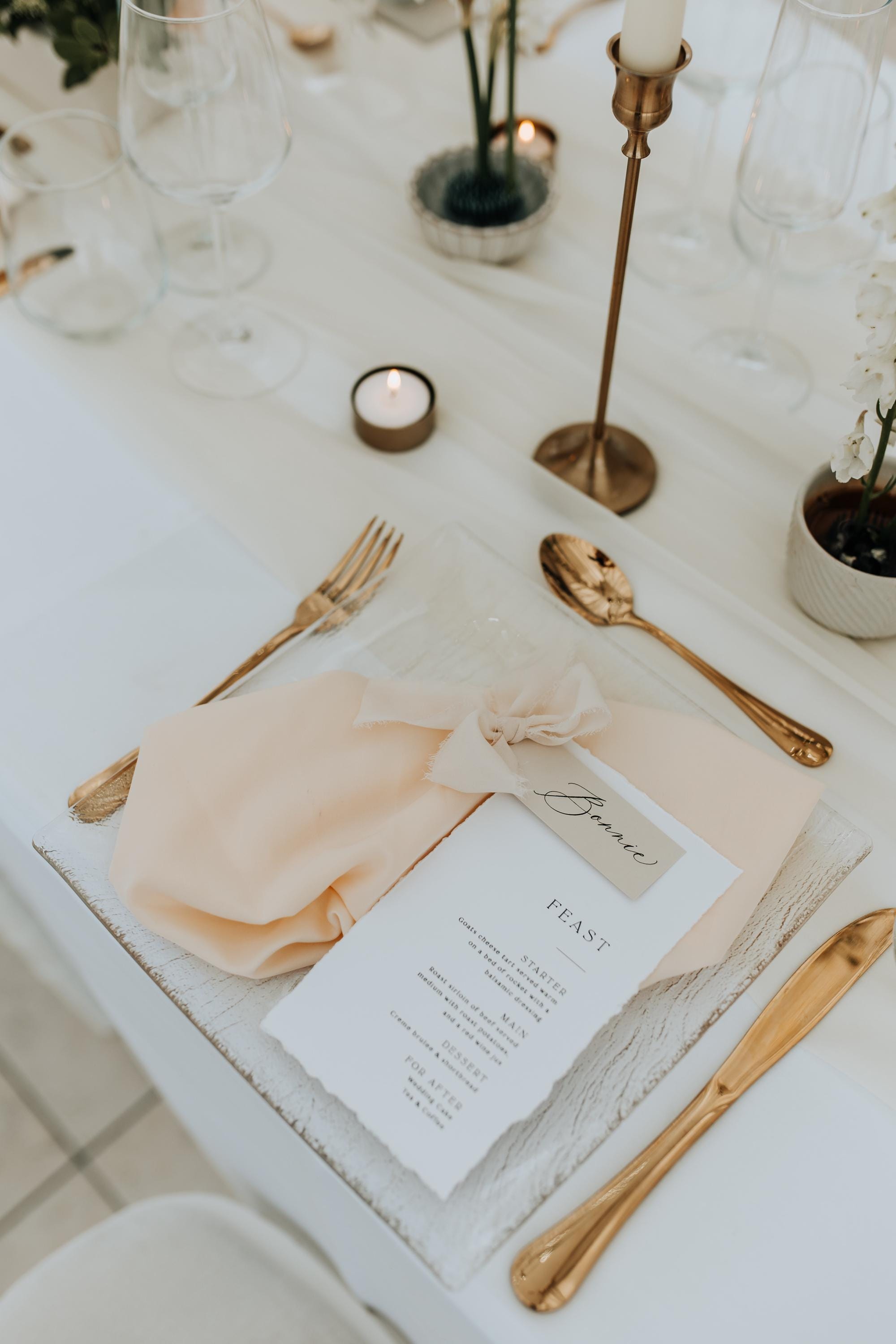 Hand-torn Edge Wedding Menus & Place Cards With Beige Silk Ribbon ...