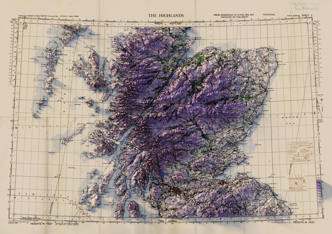 The Highlands of Scotland 3D Effect 1942 Aeronautical Map - Etsy UK