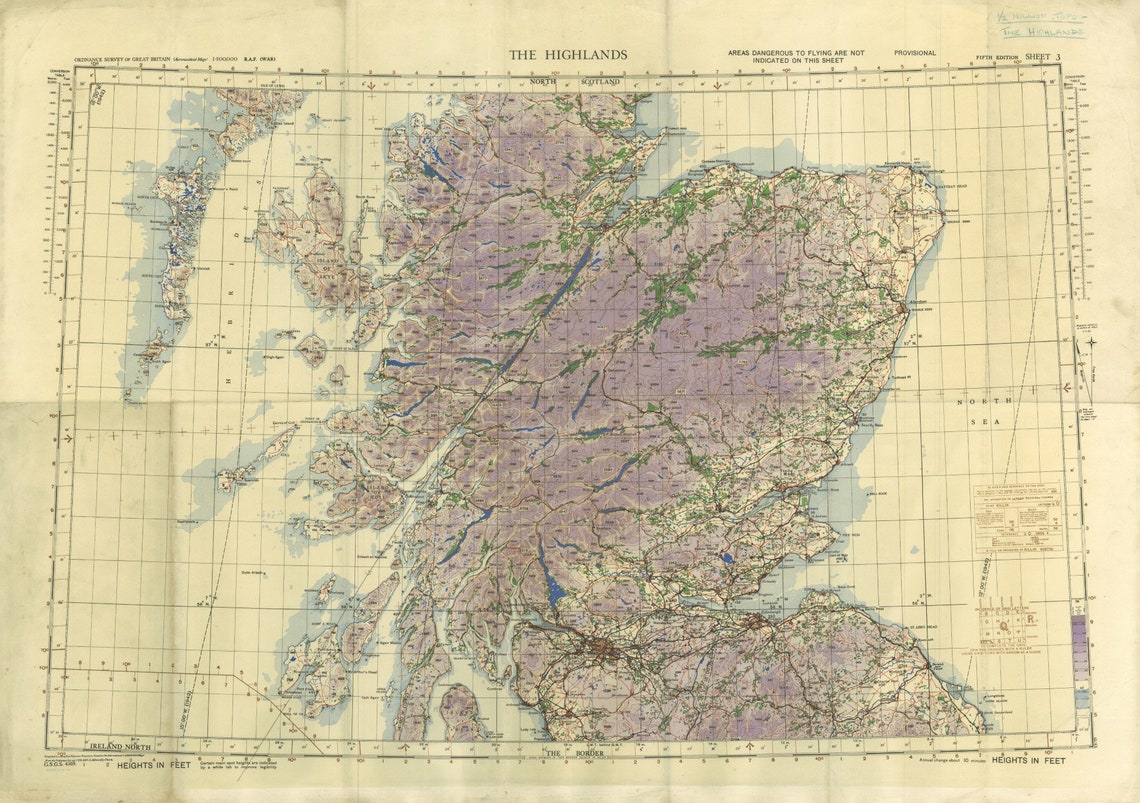 The Highlands of Scotland 3D Effect 1942 Aeronautical Map - Etsy UK