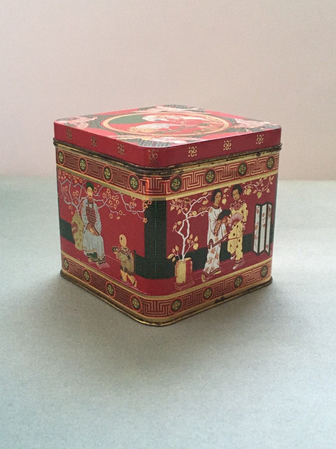Vintage Japanese Red, Gold & Green Tin Box - Etsy