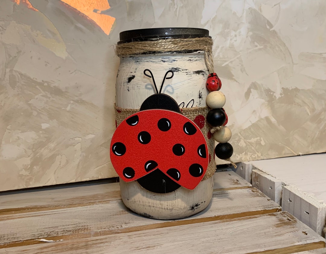 Cute Ladybug Mason Jar Decoration With Burlap Ribbon and Ladybug Beads ...