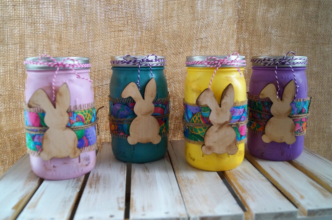 Wooden Bunny Rabbit Mason Jar Decoration With Burlap Ribbon and Easter ...