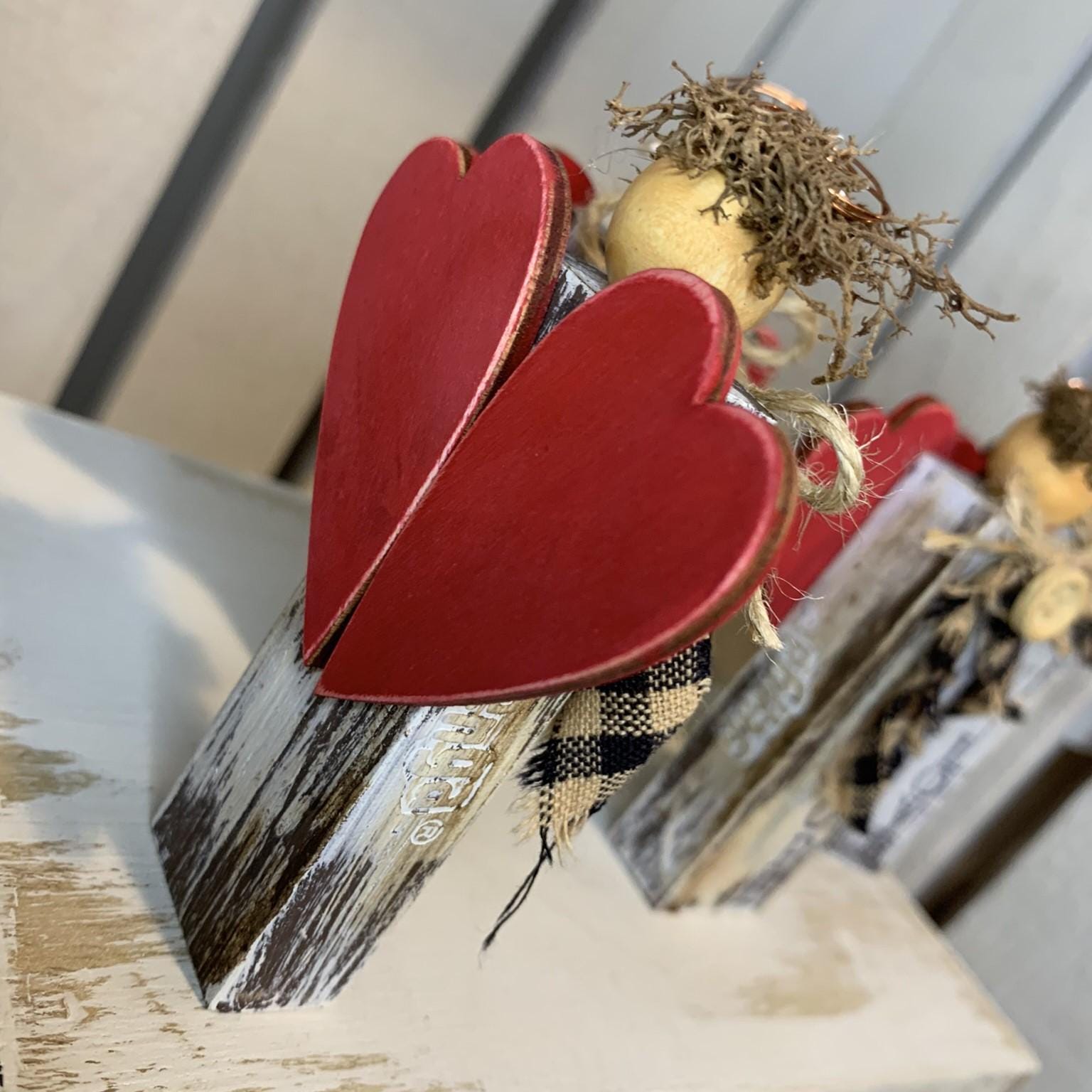 Rustic Small Wood Block Angel With Heart Wings; Stamped Love, Peace ...