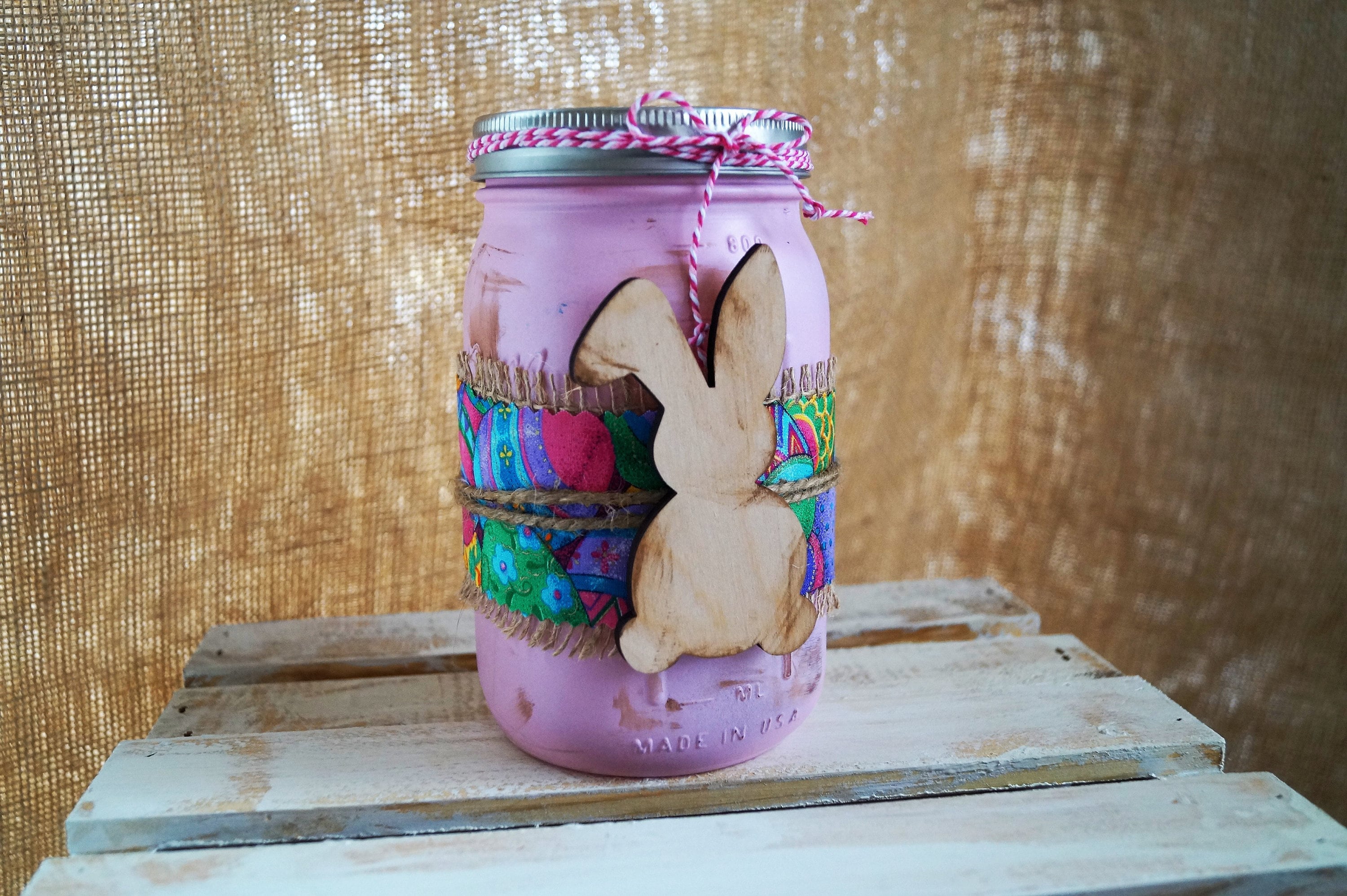 Wooden Bunny Rabbit Mason Jar Decoration With Burlap Ribbon and Easter ...