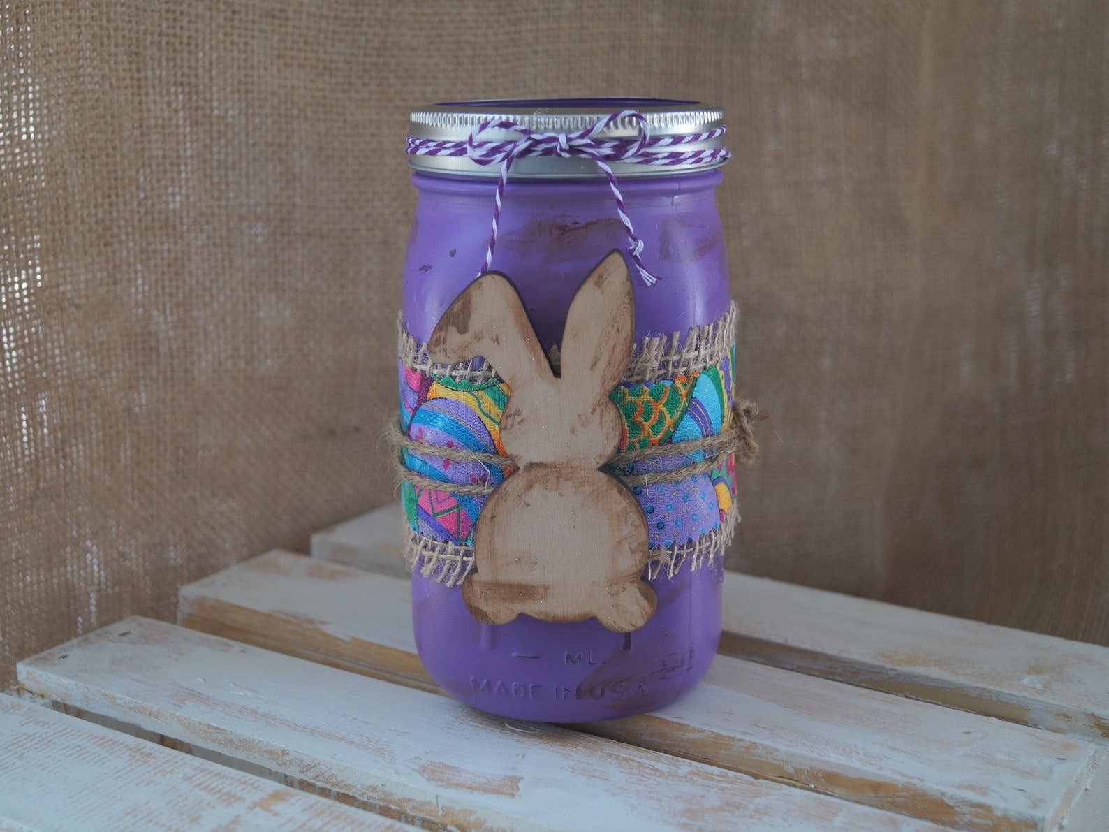 Wooden Bunny Rabbit Mason Jar Decoration With Burlap Ribbon and Easter ...