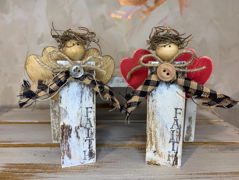 Rustic Small Wood Block Angel With Heart Wings; Stamped Love, Peace ...