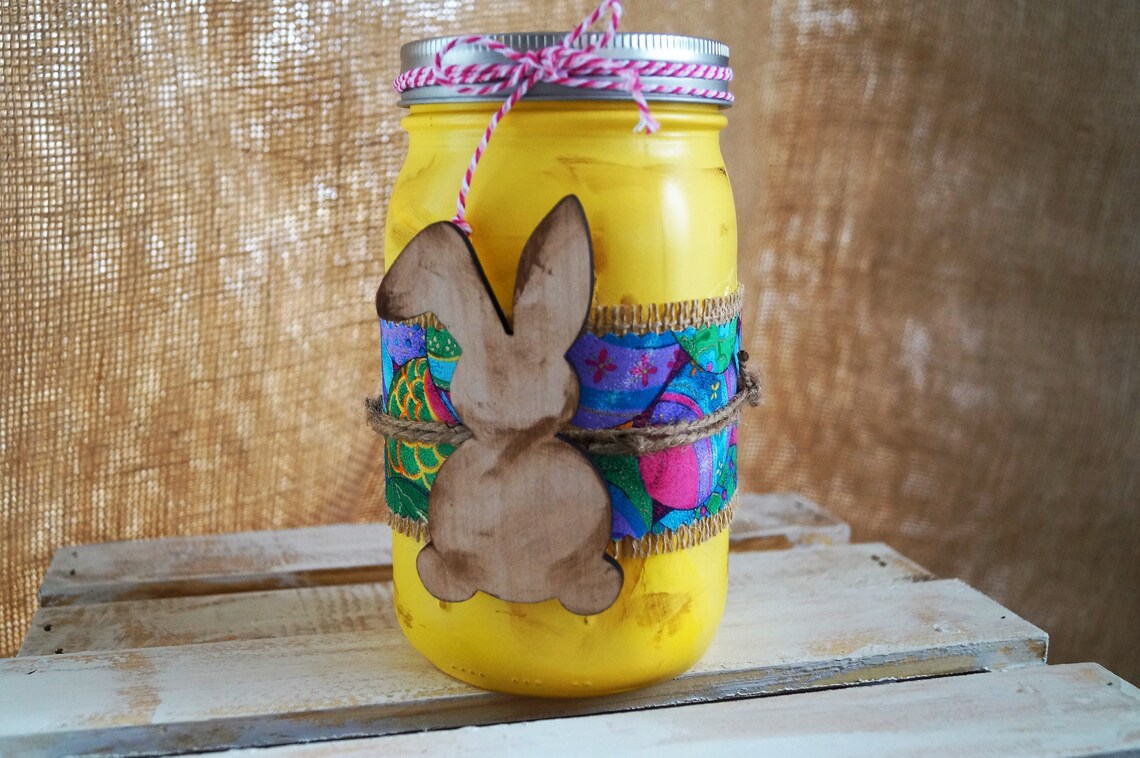 Wooden Bunny Rabbit Mason Jar Decoration With Burlap Ribbon and Easter ...