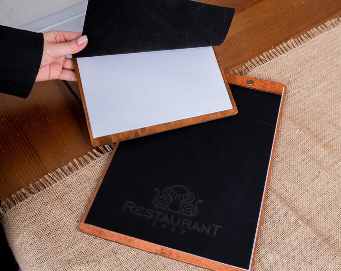 Wooden Menu Folder Fastened on Leather Strap, Engraved Menu Holder ...