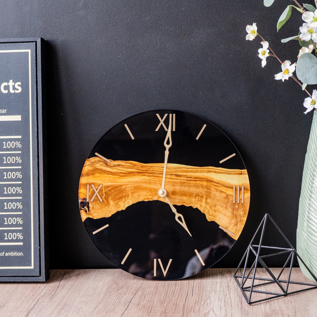 Black and Gold Clock, Epoxy Resin Clock, Resin Wood Clock, Marble Wall ...