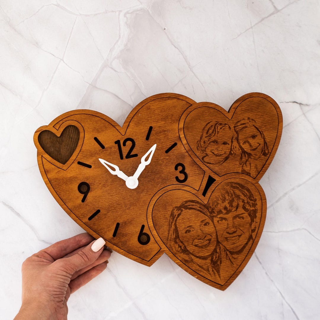 Custom Wall Clock, Custom Photo Clock, Engraved Wood Clock, Heart Wall ...