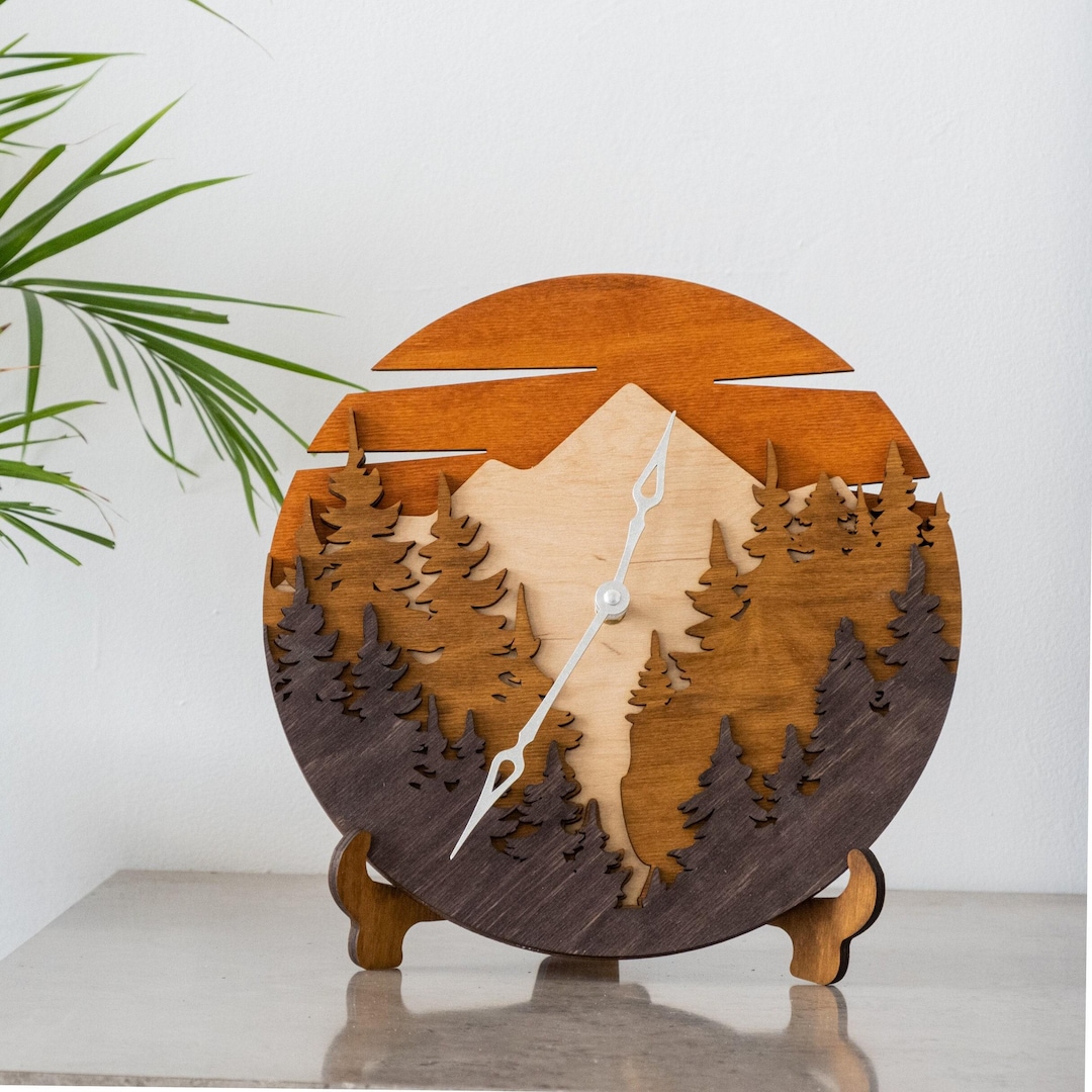 Mountain Wall Clocks, Laser Cut Clock, Wood Mountain Clock, Forest Wood ...