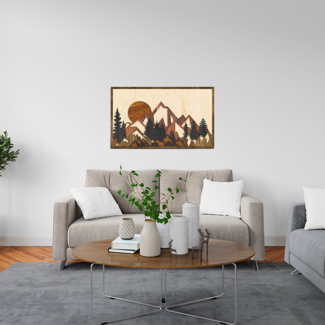 Boho Mountain Wall Art, Abstract Mountain Art, Mountain and Sun Wall ...
