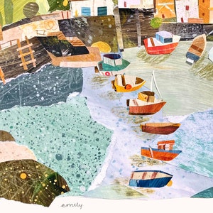 A4 Collaged Harbour Landscape Print, Illustration - Etsy