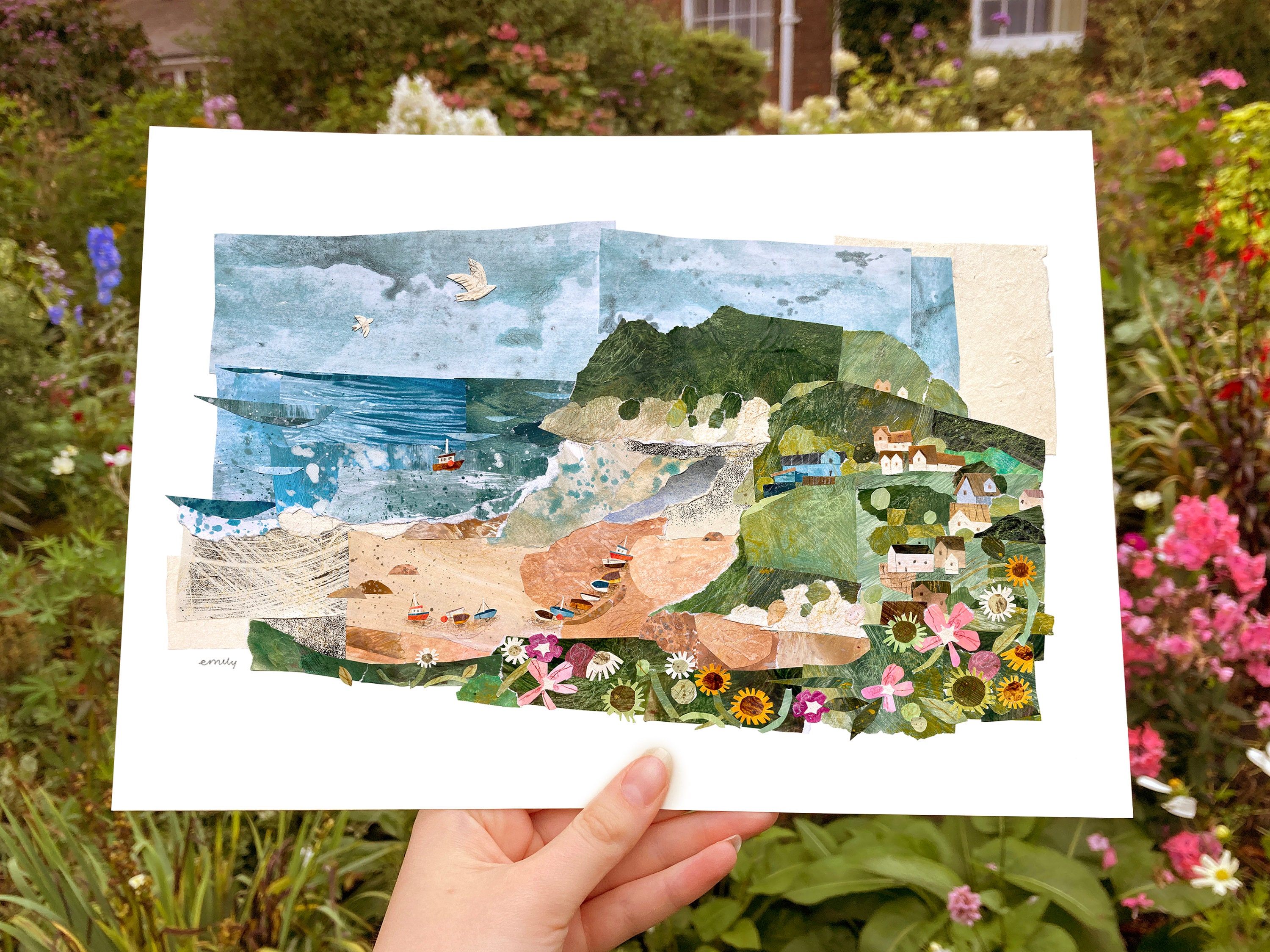 A4 Collaged Seaside Print, Beach Landscape, Beach Illustration - Etsy