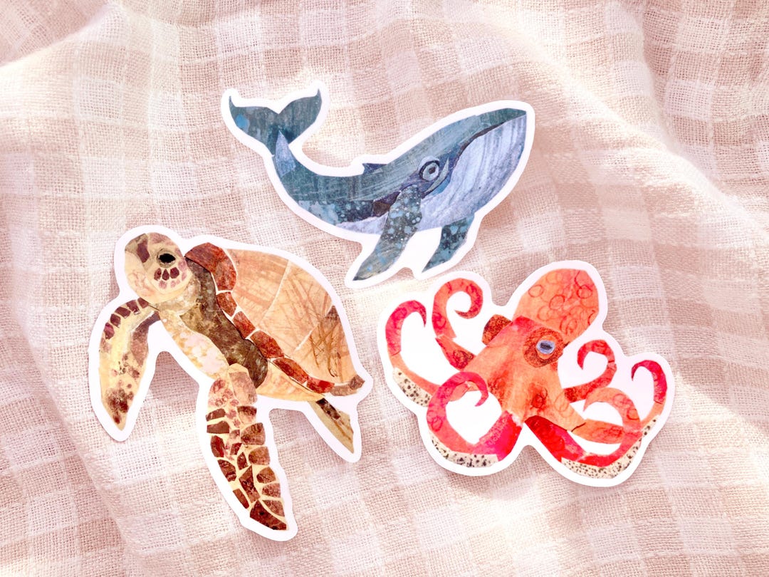 Sea Creatures Sticker Set, Set of 3 Collaged Vinyl Stickers - Etsy