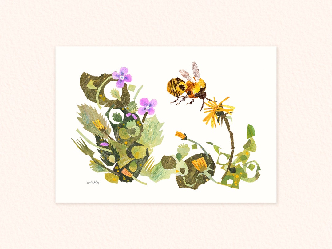 A5 and A6 Collaged Bee Print, Cute Bee Art, Flower Collage - Etsy
