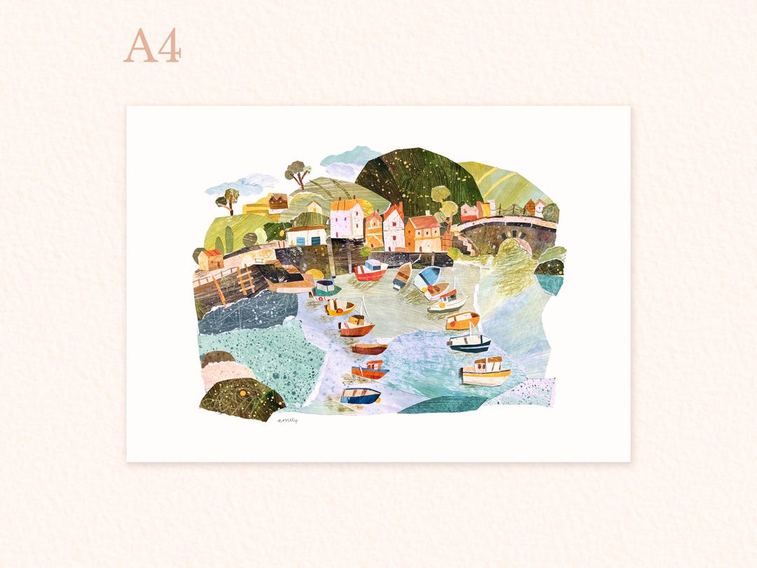 A4 Collaged Harbour Landscape Print, Illustration - Etsy