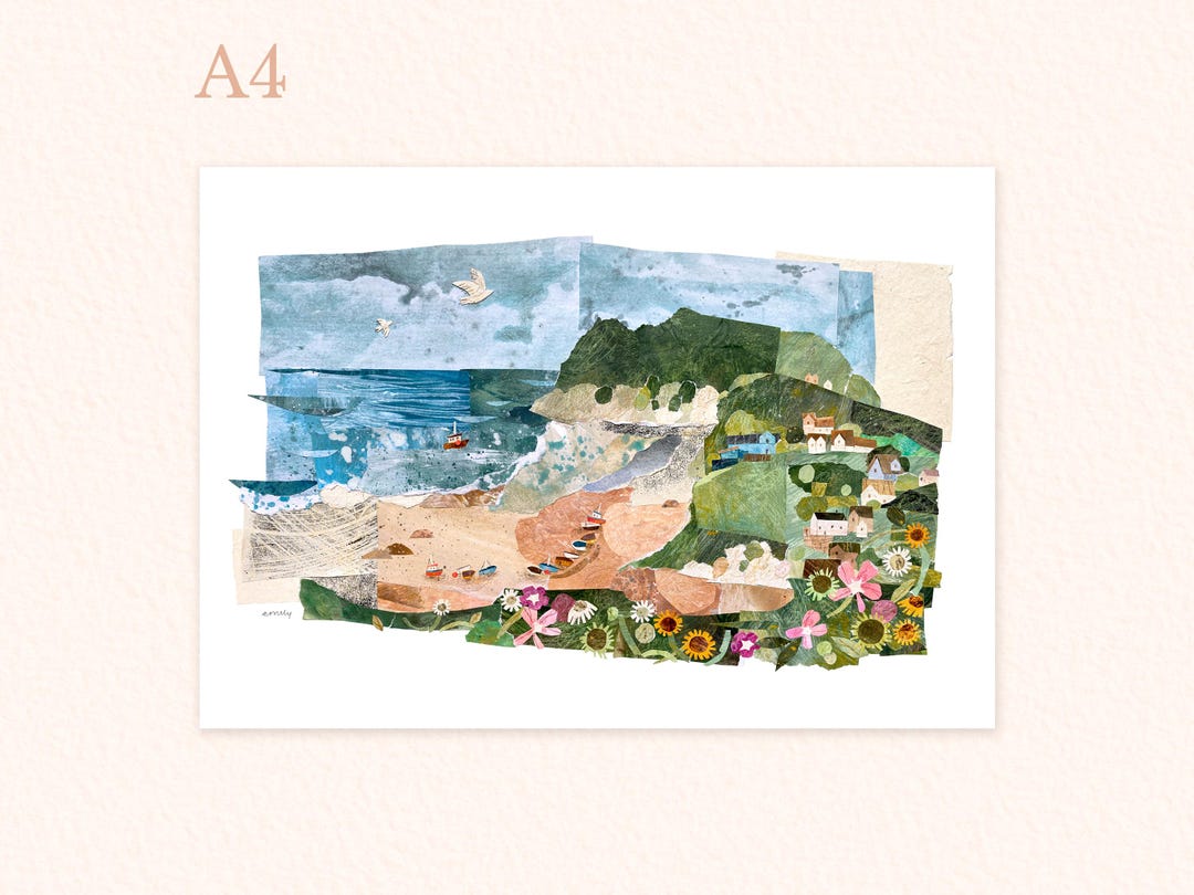 A4 Collaged Seaside Print, Beach Landscape, Beach Illustration - Etsy