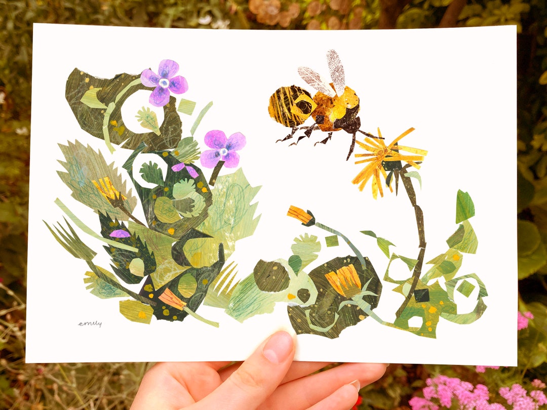 Collaged Bee Print, Cute Bee Art, Flower Collage - Etsy