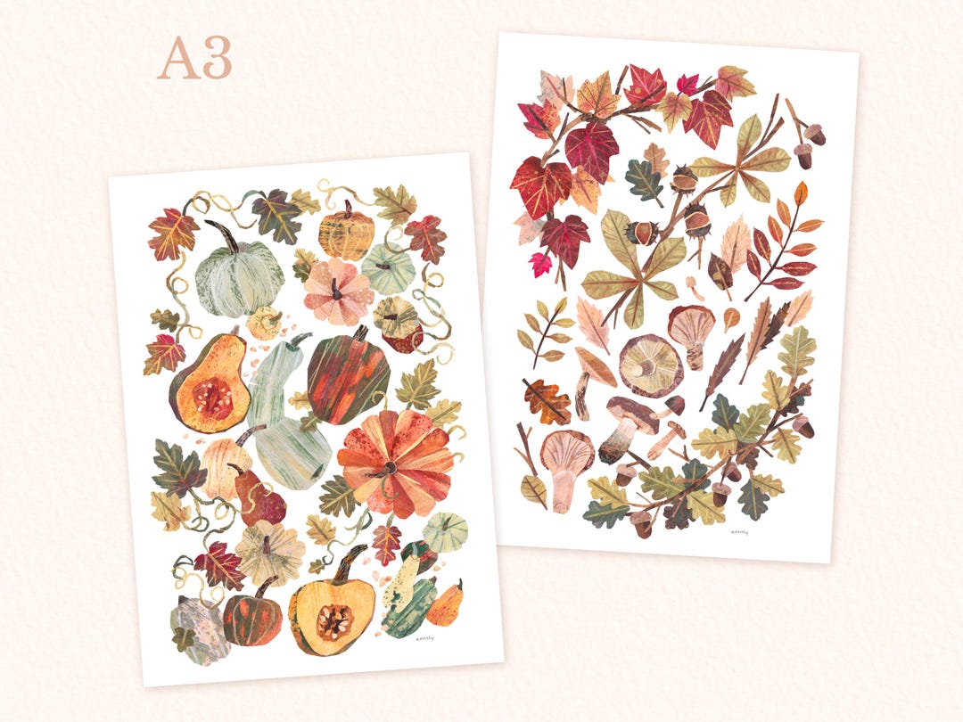 A3 Autumn Leaves and Pumpkin Prints, Collaged Autumn Print - Etsy