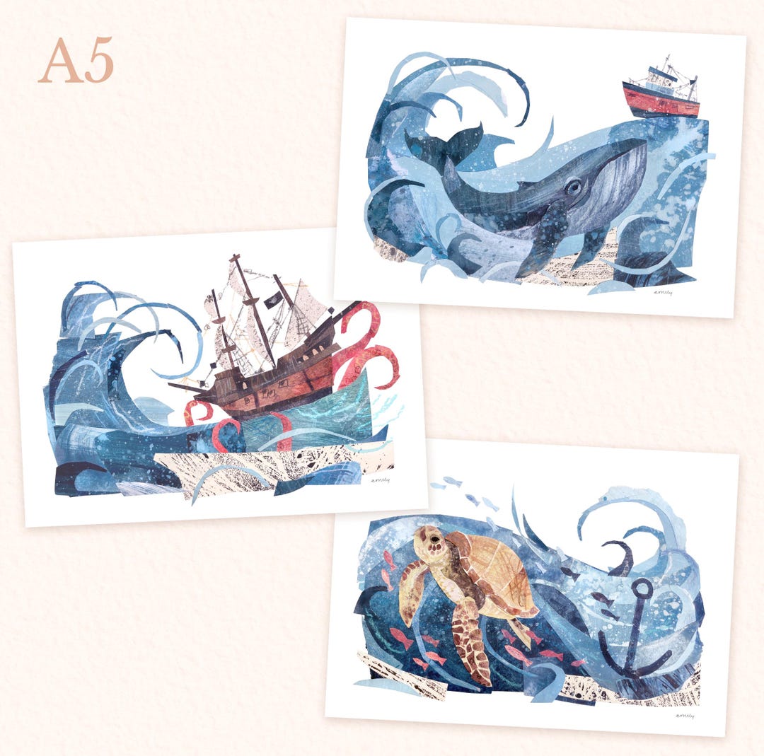 A5 Ocean Collaged Prints, Set of Three Sea Prints - Etsy
