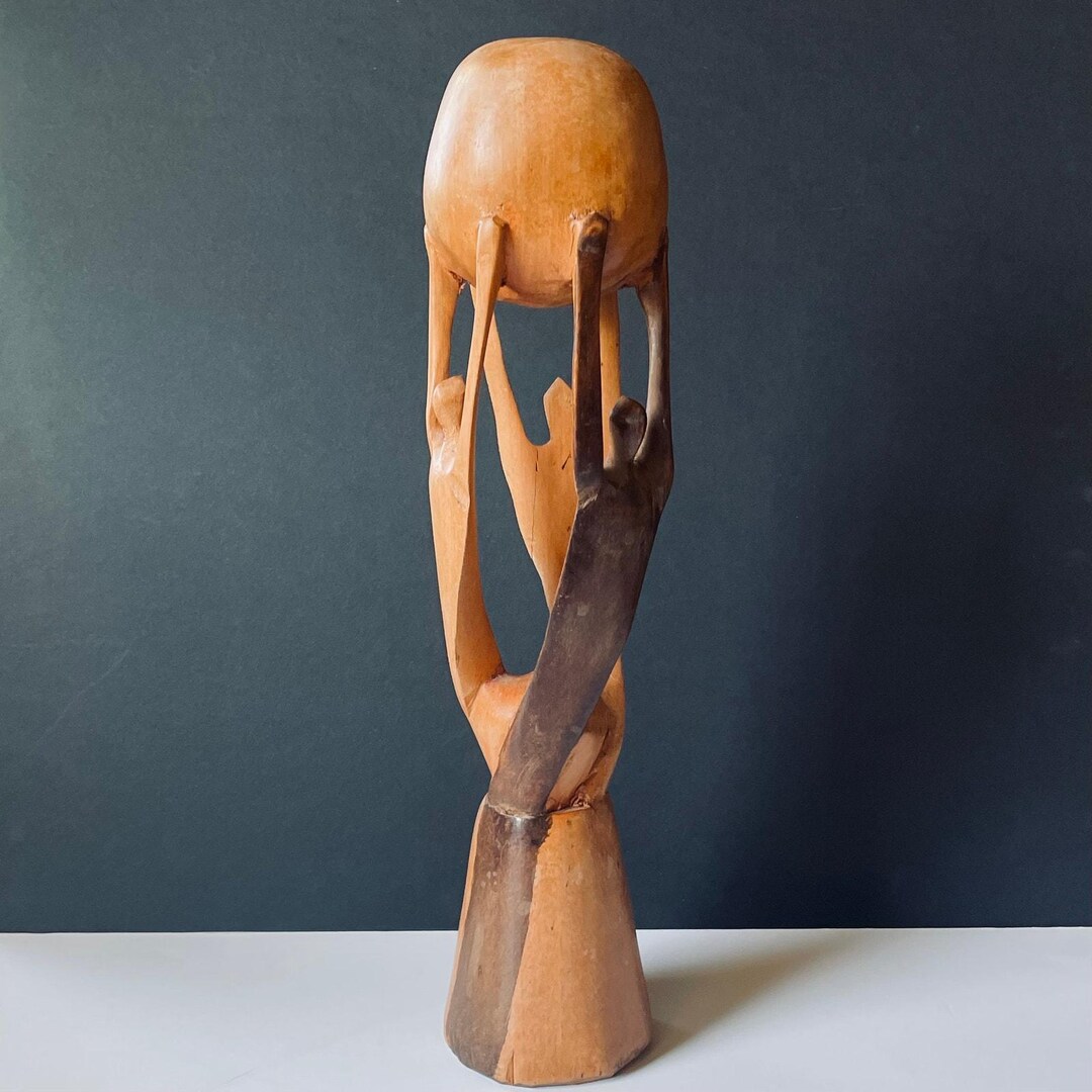 Vintage African Artisan Carved Wood Statue, World Unity People Holding ...