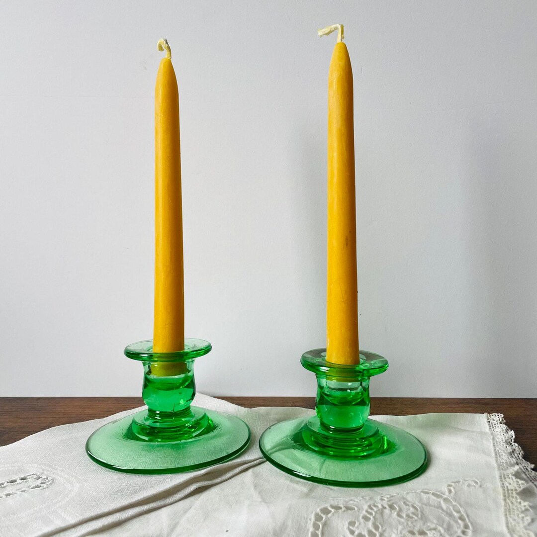 Vintage Green Depression Era Uranium Glass Candle Stick Holders - Etsy